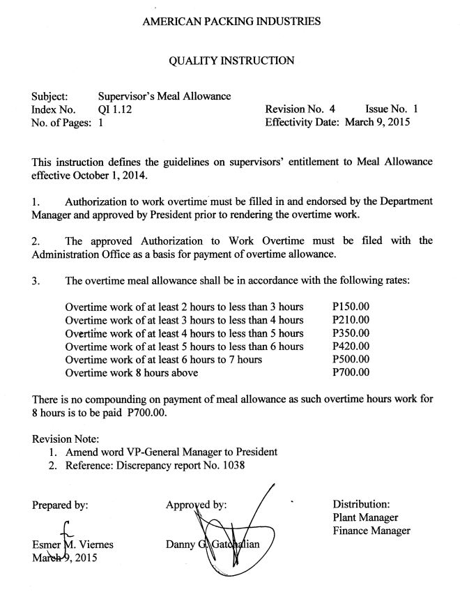 American Packing Industries QI 1 12 Supervisor s Meal Allowance American Packing Industries QI 1 12 Supervisor s Meal Allowance